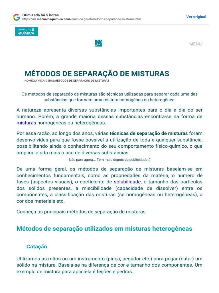Métodos de Separação de Misturas - Manual Da Química | PDF | Mistura ...