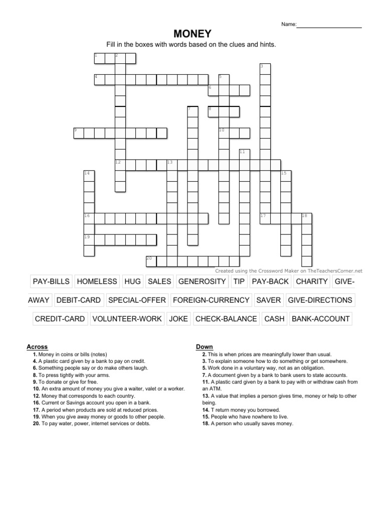 Money and Banking Crossword Puzzle | PDF | Credit Card | Money