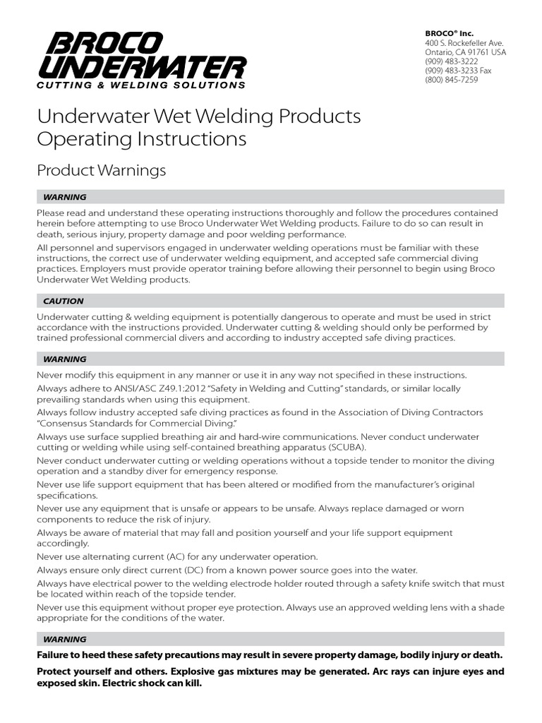 Broco Underwater Wet Welding Operating Instructions 2017 | PDF ...