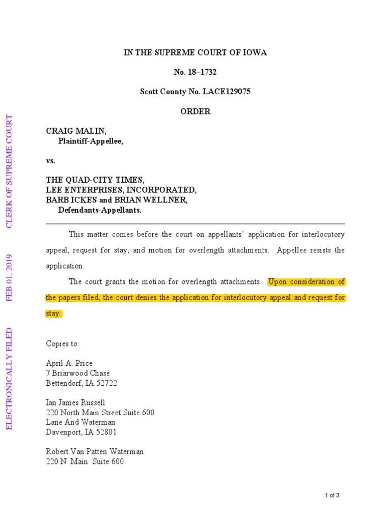 Iowa Supreme Court Order - Malin V QCTimes Feb 2019 | PDF | Defamation ...