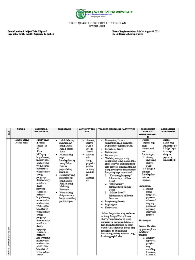 Weekly Lesson Plan | PDF