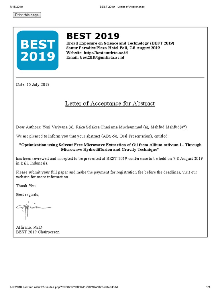 Contoh Letter of Acceptance Seminar Internasional | PDF | Nature