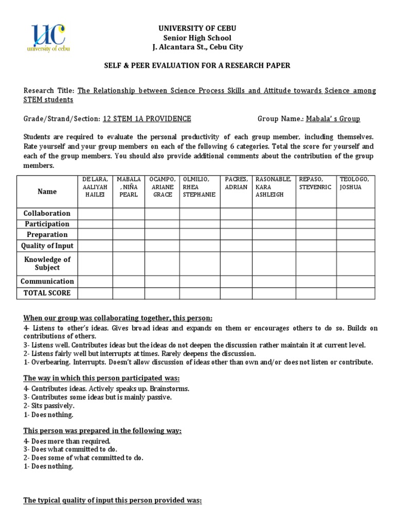 Self Peer Evaluation Group Work | PDF | Epistemology | Cognitive Science