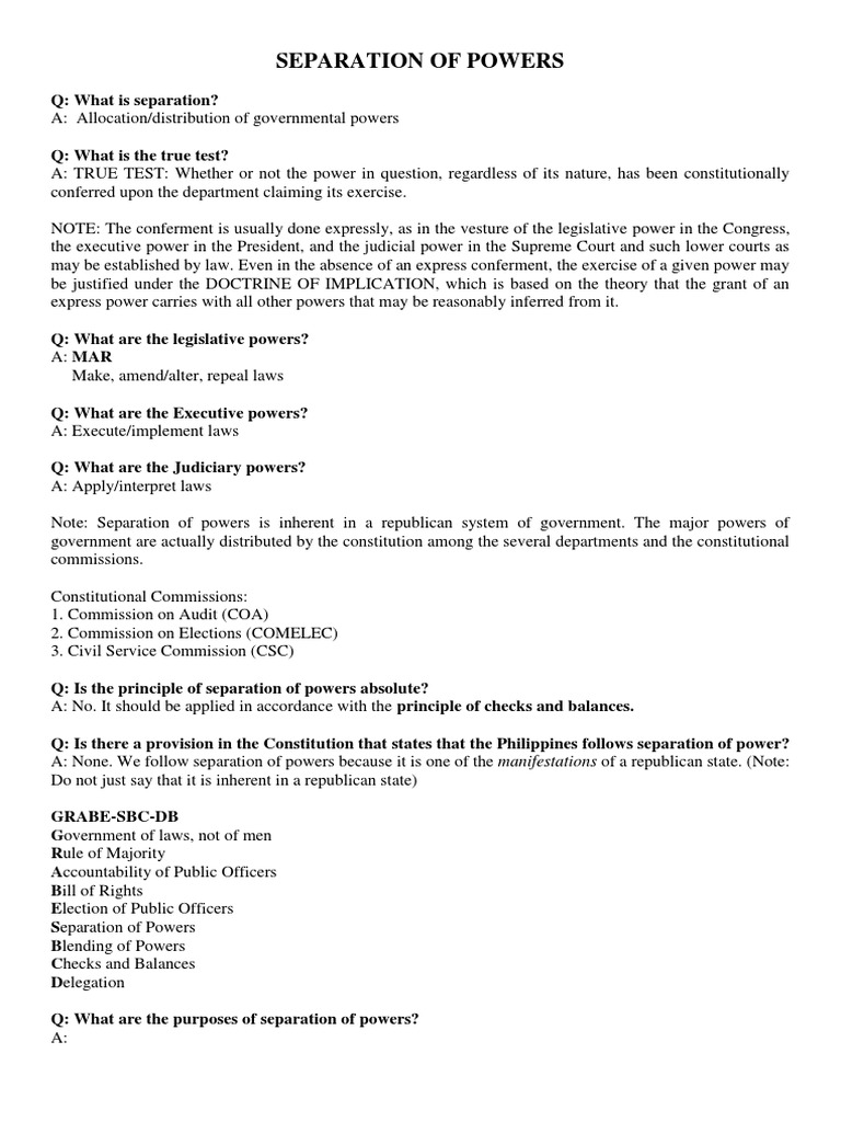 Chapters 6 Possible Questions and Reviewer in Separation of Powers ...