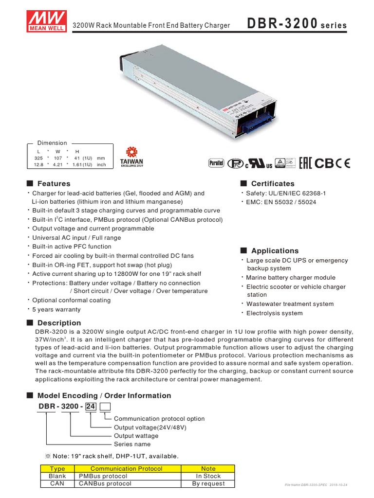 3200W PFC Rack Mountable Front End Battery Charger For SLA & Li-Ion ...