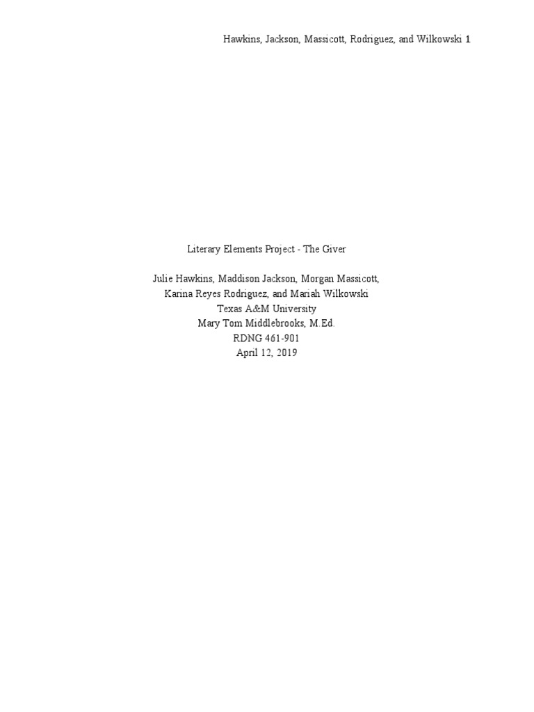 Literary Elements Project - The Giver | PDF | The Giver