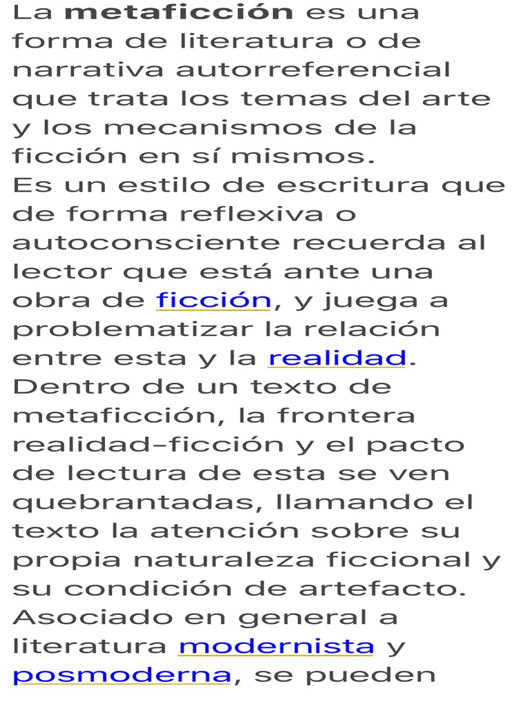 La Metaficción Es Una Forma de Literatura o de Narrativa ...