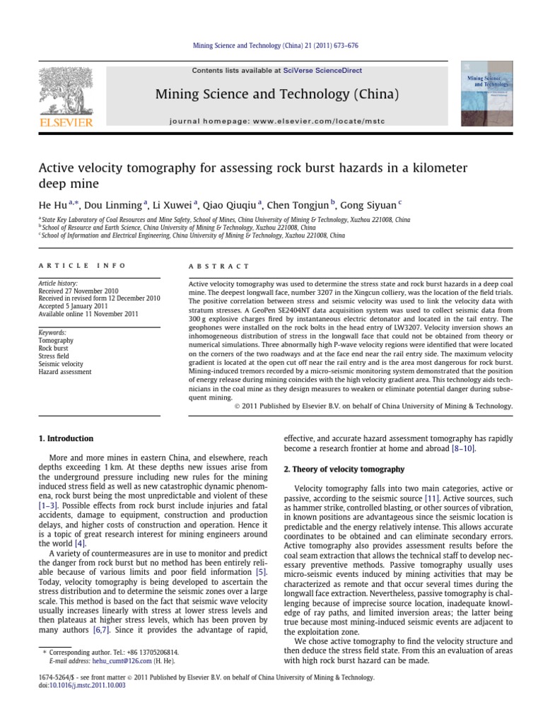 Active Velocity Tomography For Assessing Rock Burst Hazards in A ...