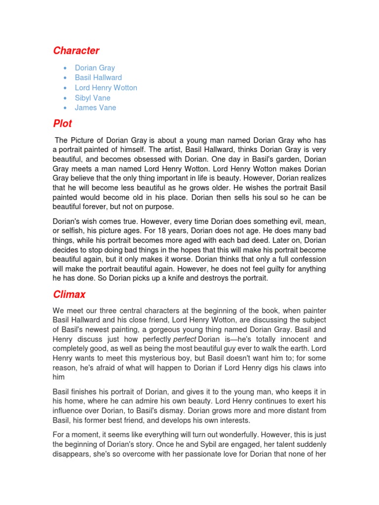 Character: Dorian Gray Basil Hallward Lord Henry Wotton Sibyl Vane ...