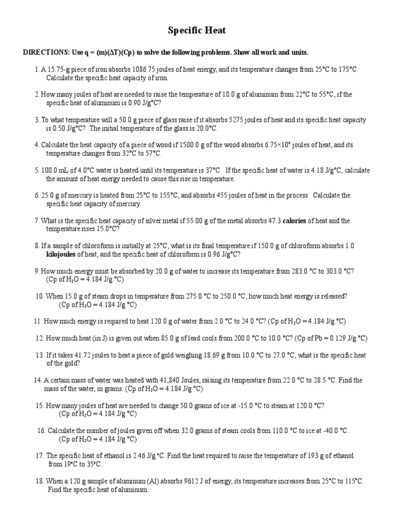 Specific Heat WS Front | PDF | Heat Capacity | Heat