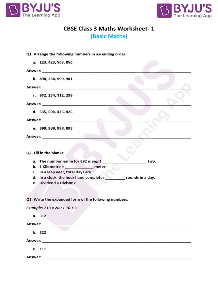 CBSE Class 3 Maths Worksheet 1 PDF | PDF