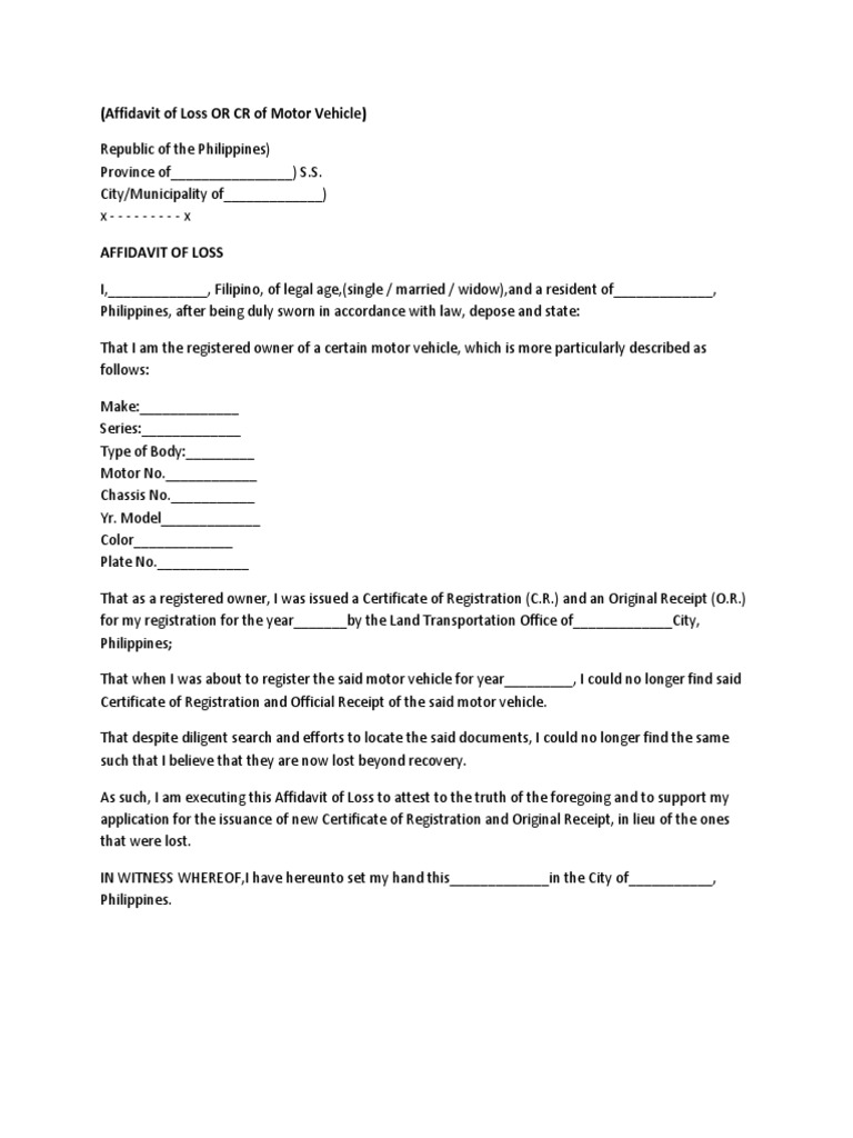 Affidavit of Loss OR CR of Motor Vehicle | PDF