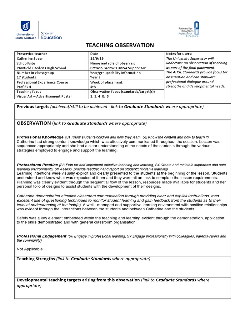 Catherine Spear's Teaching Observation Report | PDF | Educational ...