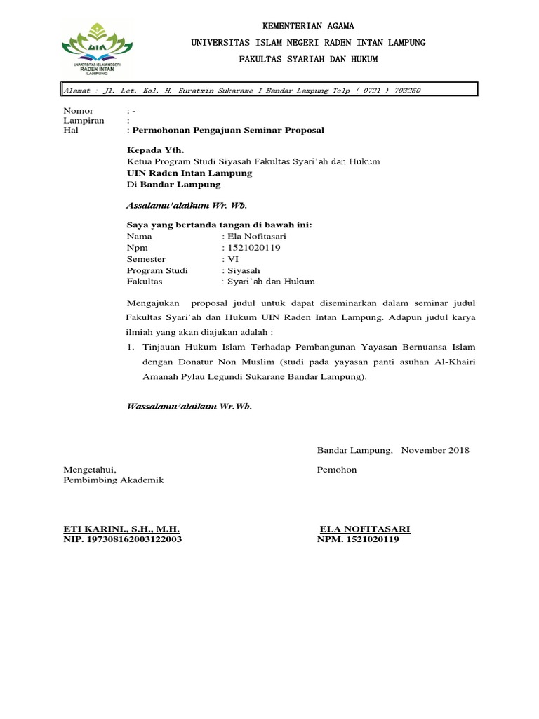 Surat Permohonan Seminar Proposal | PDF