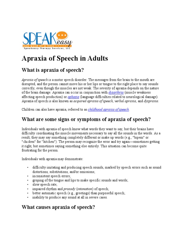 Apraxia of Speech in Adults | PDF | Aphasia | Stroke