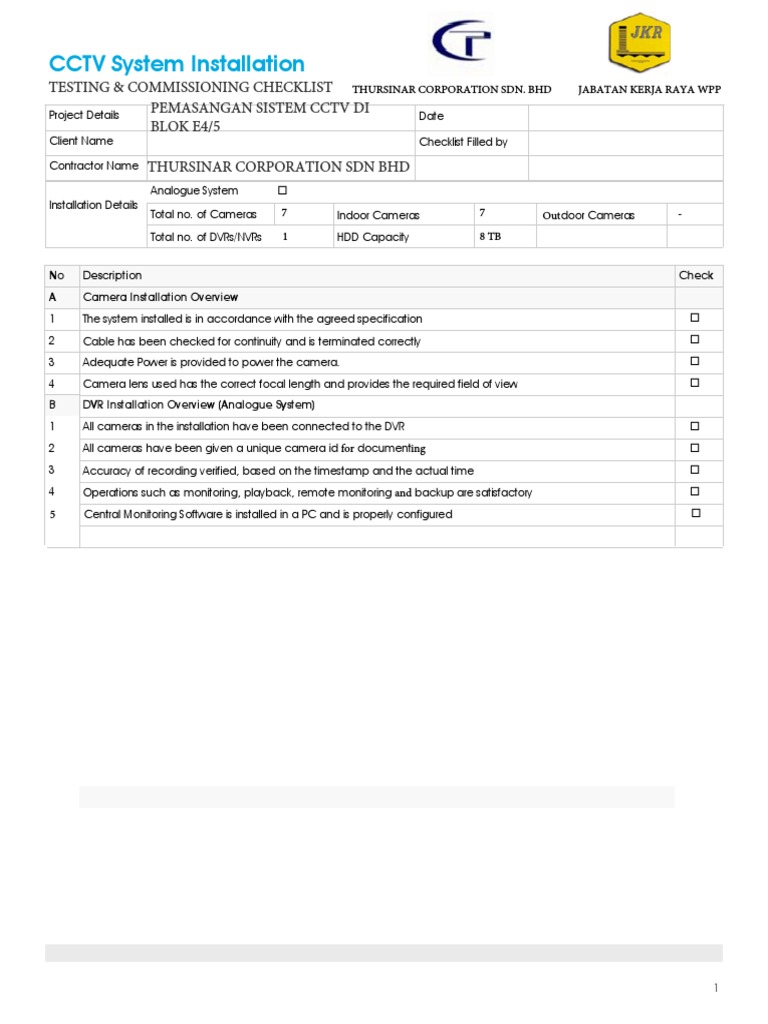 CCTV Installation Testing Checklist | PDF | Digital Video Recorder | Camera
