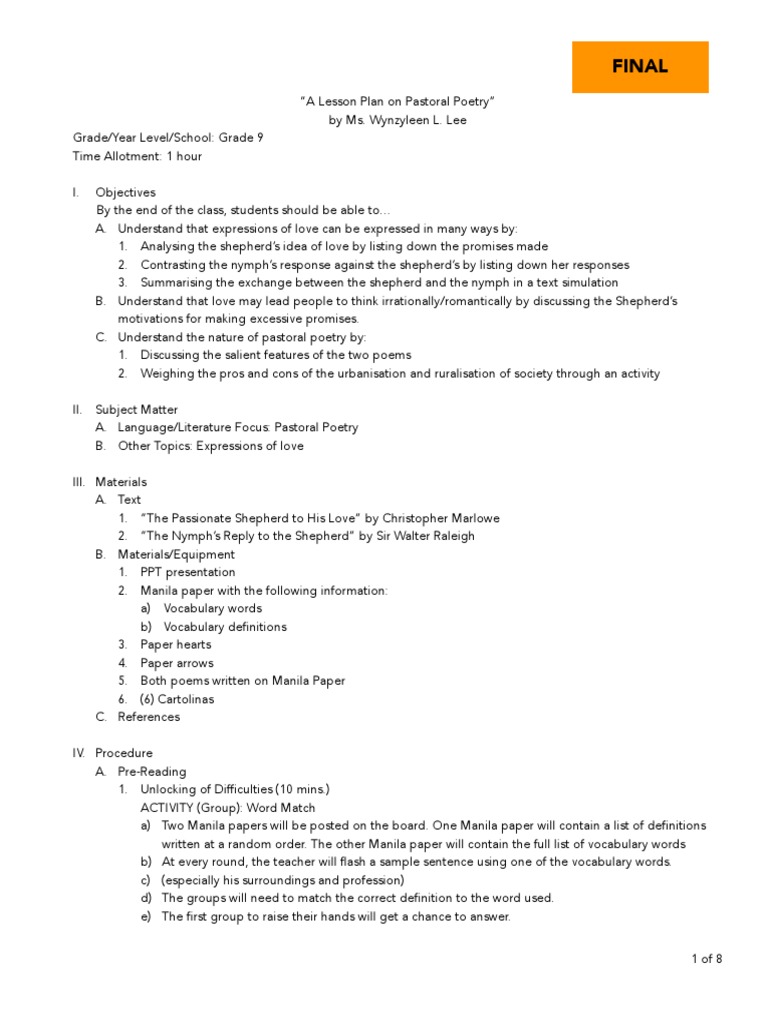 Lesson Plan On Pastoral Poetry | PDF | Shepherd | Christopher Marlowe