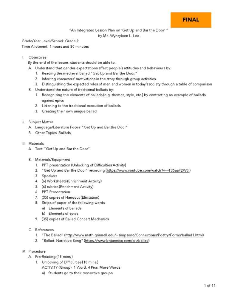 Lesson Plan On Ballads | PDF | Beowulf | Ballad