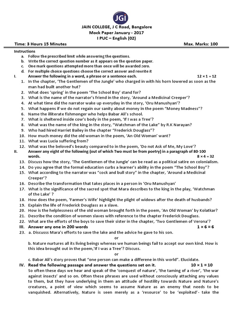 English 1st Pu Model Question Paper | PDF | Nature | Ecology