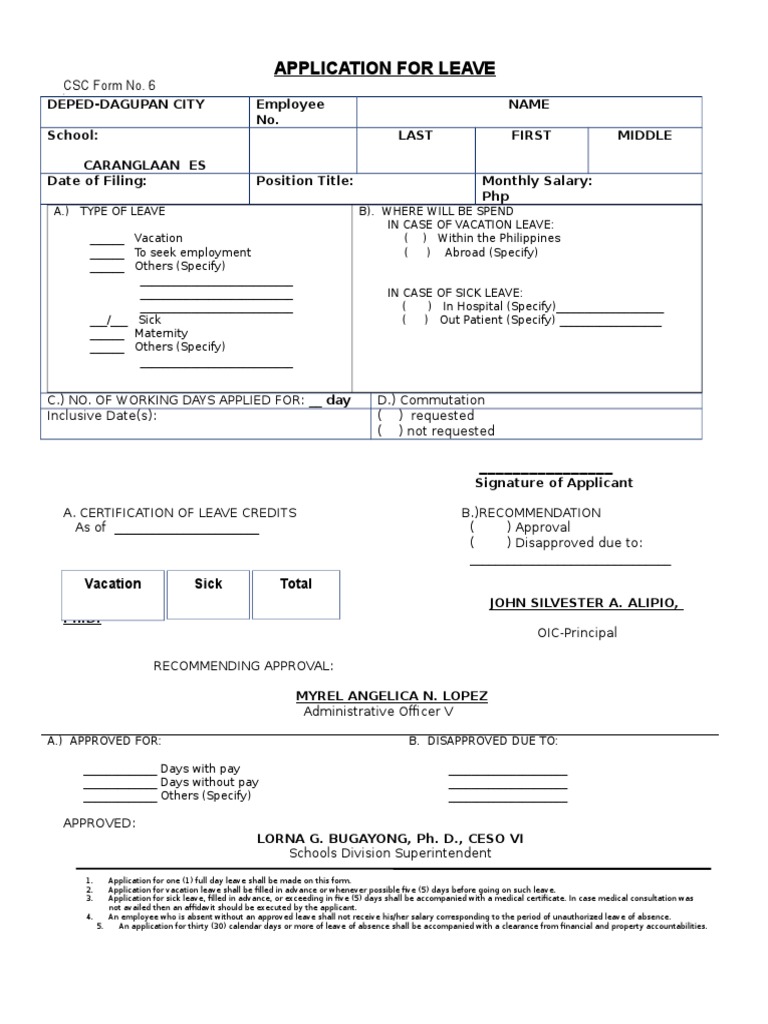 Application For Leave: Deped-Dagupan City Employee No. Name School ...