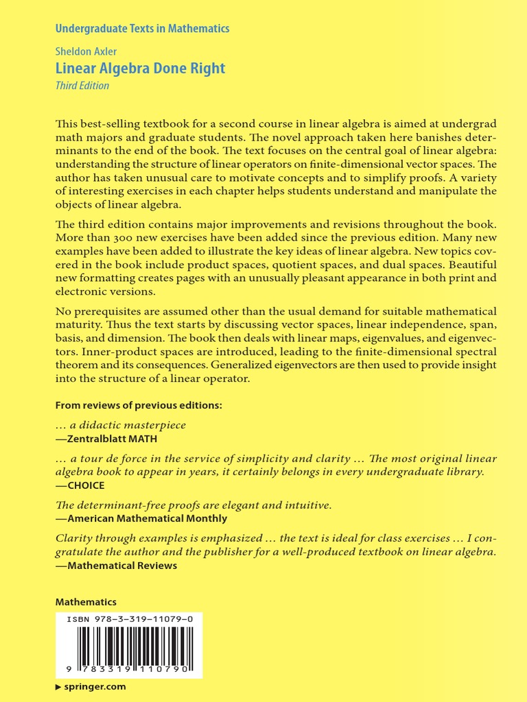 Linear Algebra Done Right: Sheldon Axler | PDF | Linear Algebra ...
