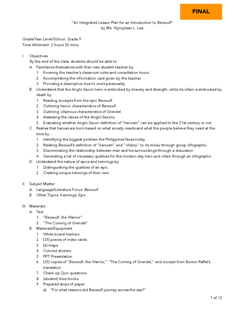 Lesson Plan On Beowulf | PDF | Beowulf