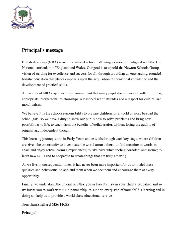 Principal'S Message: Jonathan Shellard MSC Frgs Principal | PDF