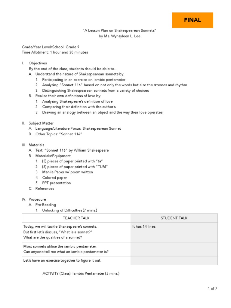 Shakespearean Sonnet Lesson Plan | PDF | Sonnets | Poetic Form