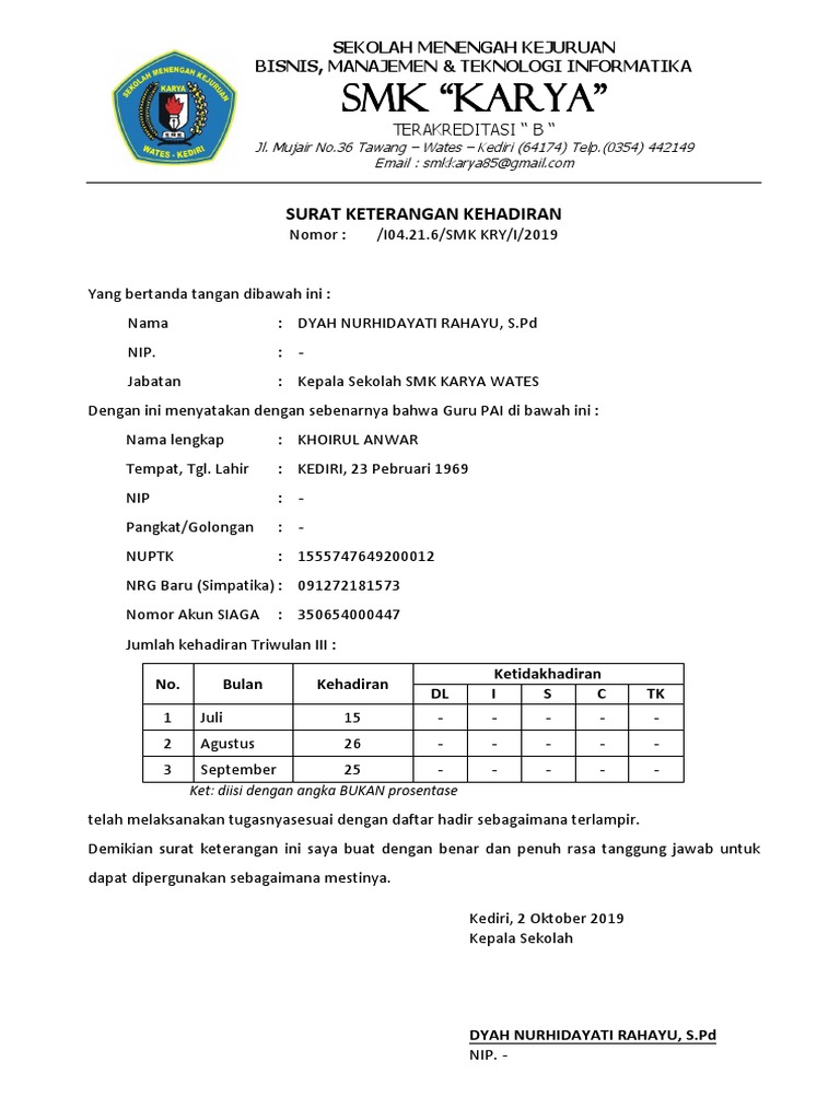 Contoh Format SRT Ket Kehadiran - Gpai TW 3-1 | PDF