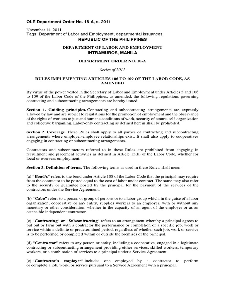 DOLE Department Order No. 18-A, S. 2011 | PDF | Independent Contractor ...