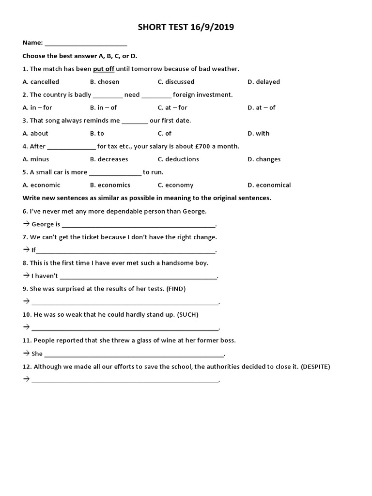 SHORT TEST 16/9/2019: Name: - Choose The Best Answer A, B, C, or D ...