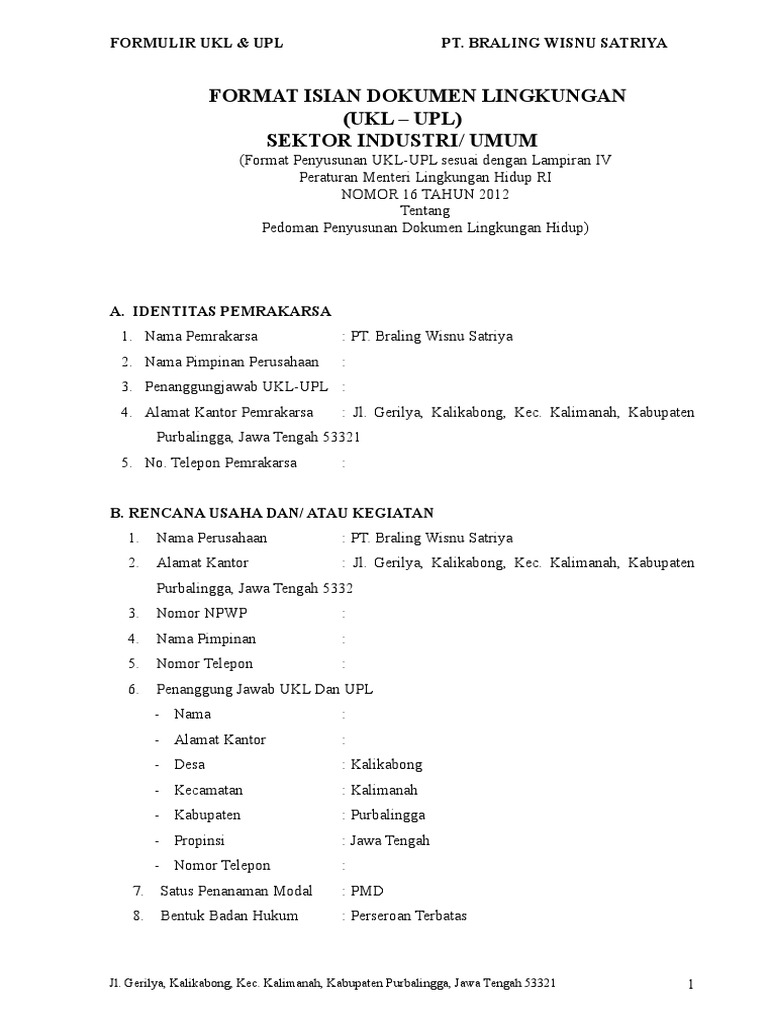 Format Isian Dokumen Lingkungan Ukl Upl | PDF