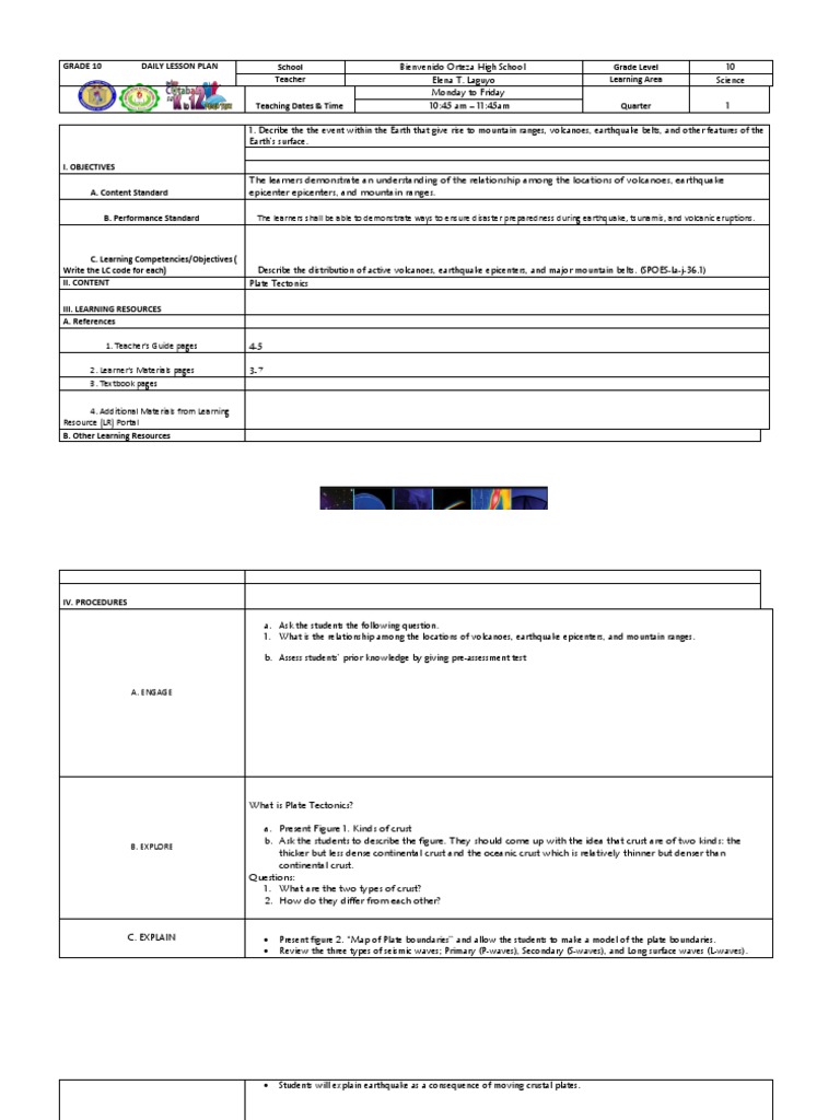 Daily Lesson Plan For Science | PDF | Plate Tectonics | Earthquakes