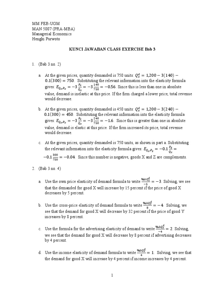 Managerial Economics Exercise Answers | PDF | Price Elasticity Of ...