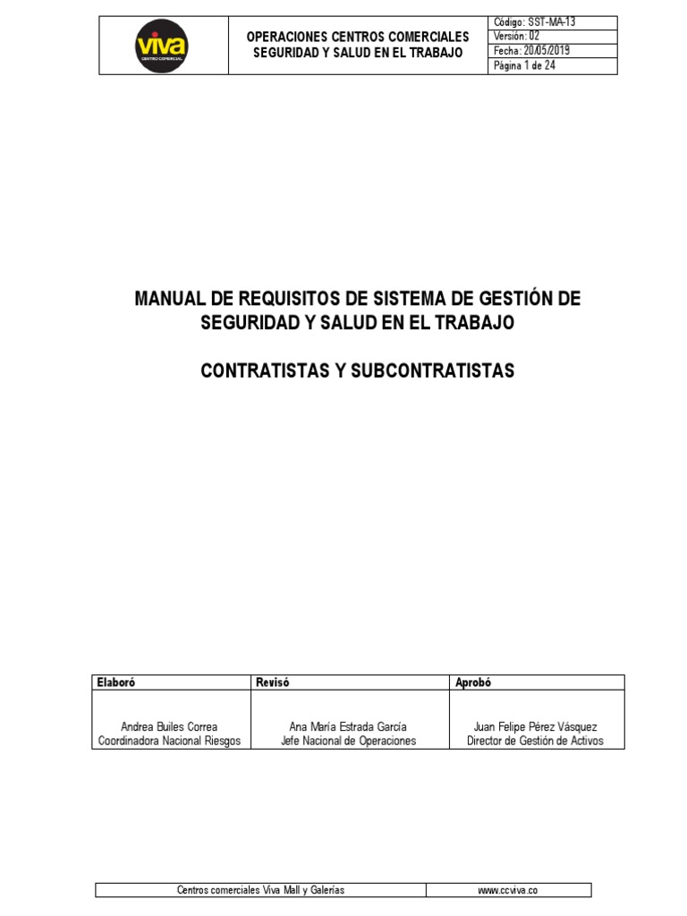 SST-MA-13 Manual de Contratistas VIVA | PDF | Derecho laboral | Seguridad