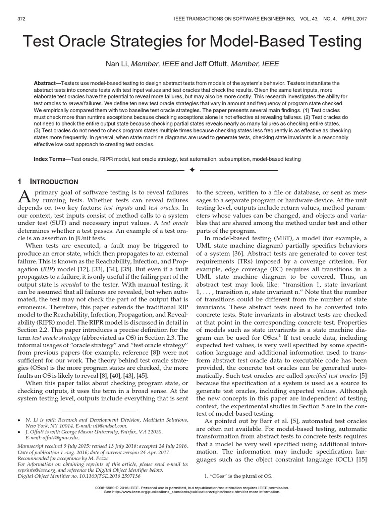Test Oracle Strategies in Model-Based Testing | PDF | Software Testing ...