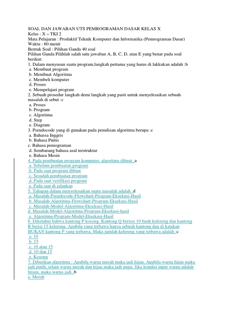 Soal Dan Jawaban Uts Pemrograman Dasar Kelas X | PDF