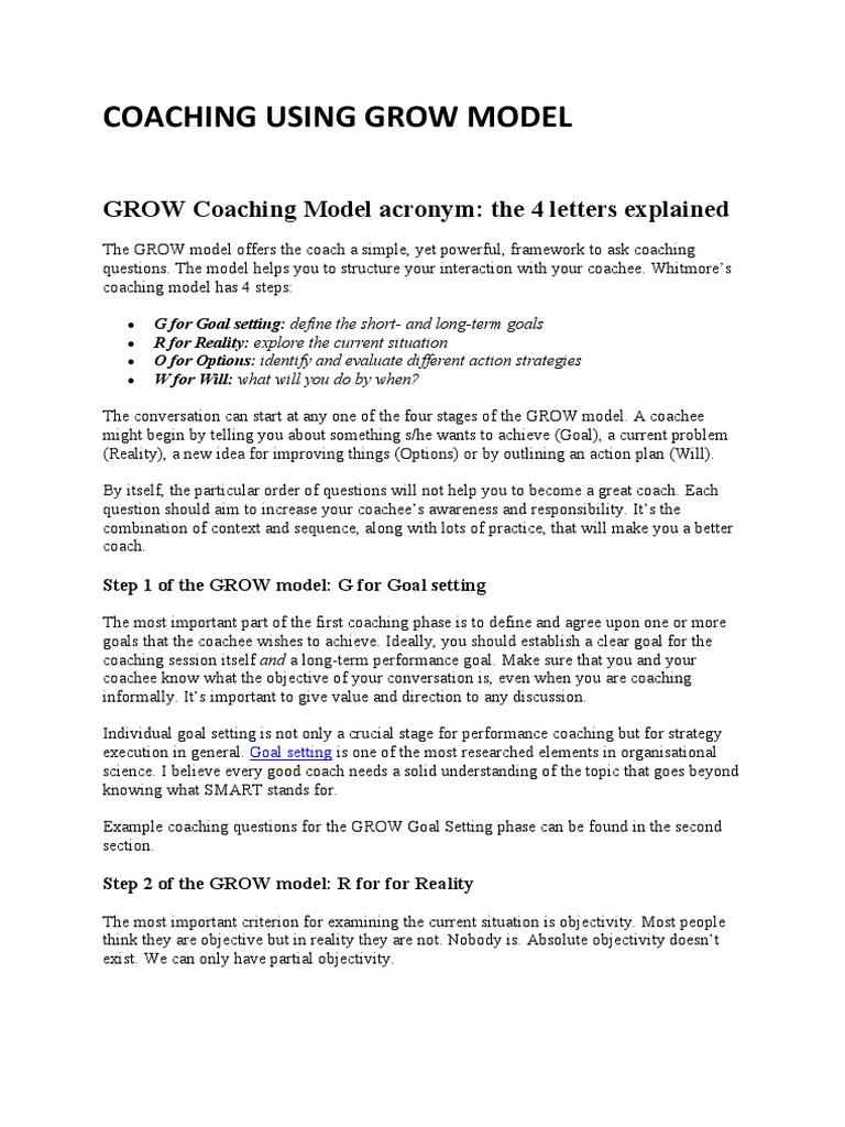 Coaching, Grow Model Question Check List | Goal | Goal Setting