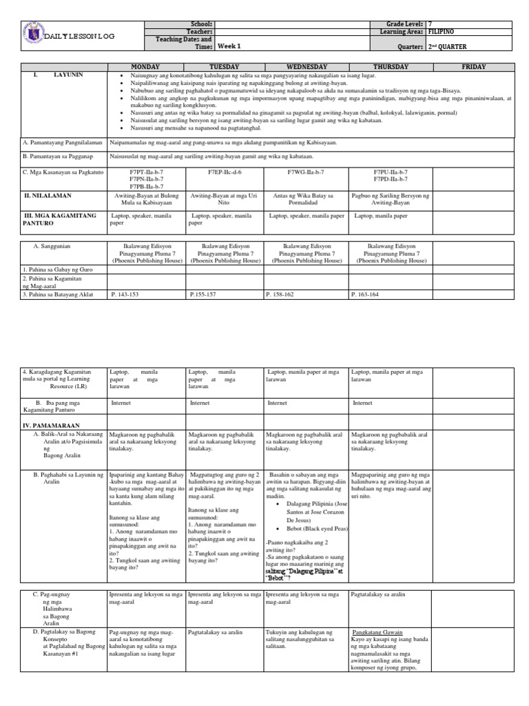 DLL Fil7 Q2 Wk1 | PDF