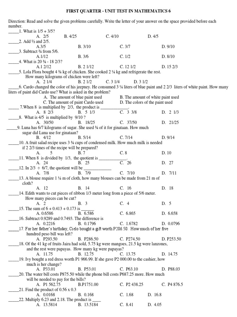 Grade 6 Math First Quarter Test | PDF | Teaching Mathematics