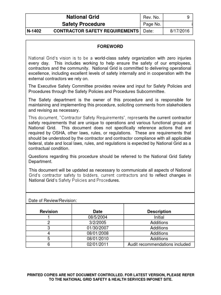 National Grid Safety Procedure: N-1402 Contractor Safety Requirements ...