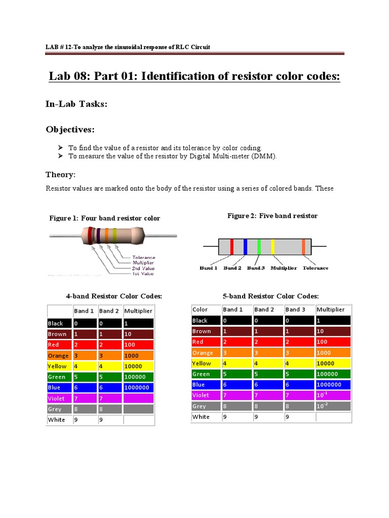 Lab 08: Part 01: Identification of Resistor Color Codes:: In-Lab Tasks ...