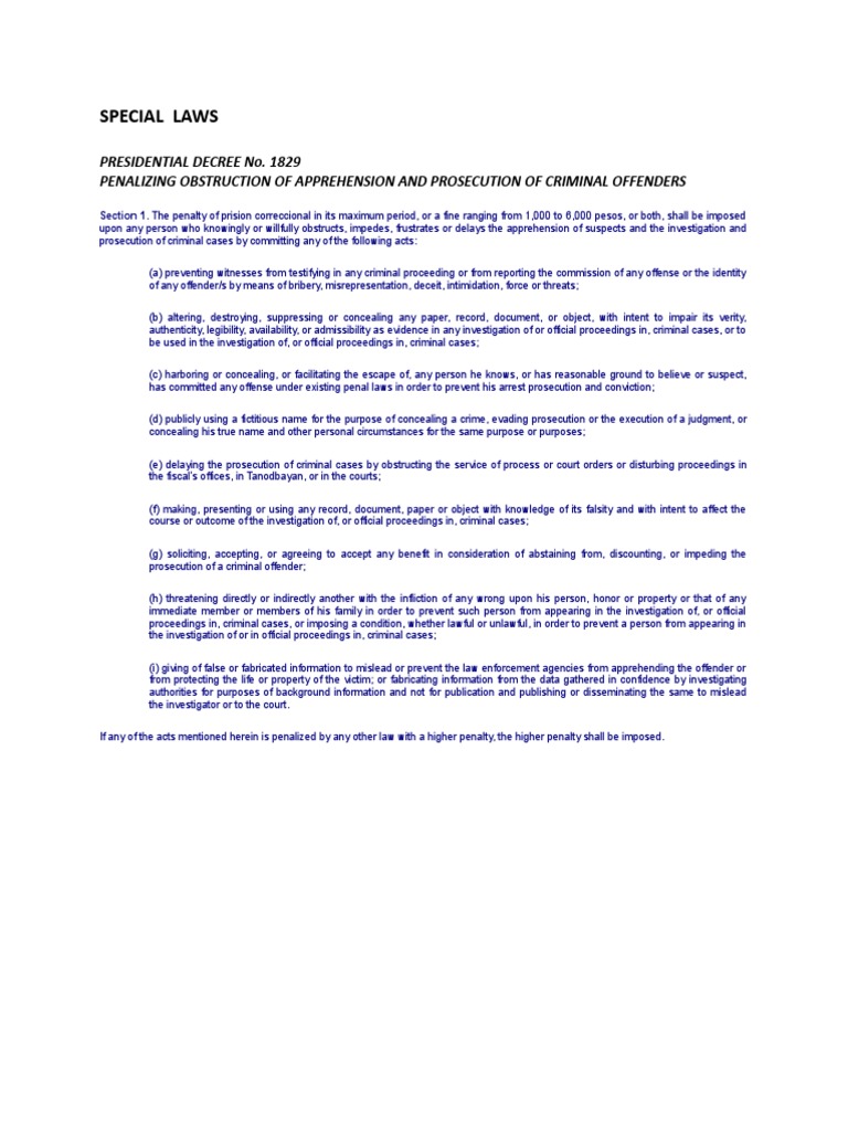 Special Laws: Presidential Decree No. 1829 Penalizing Obstruction of ...