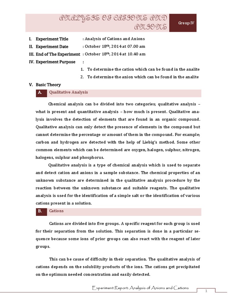 Analysis of Cations and Anions Group IV | PDF | Precipitation ...