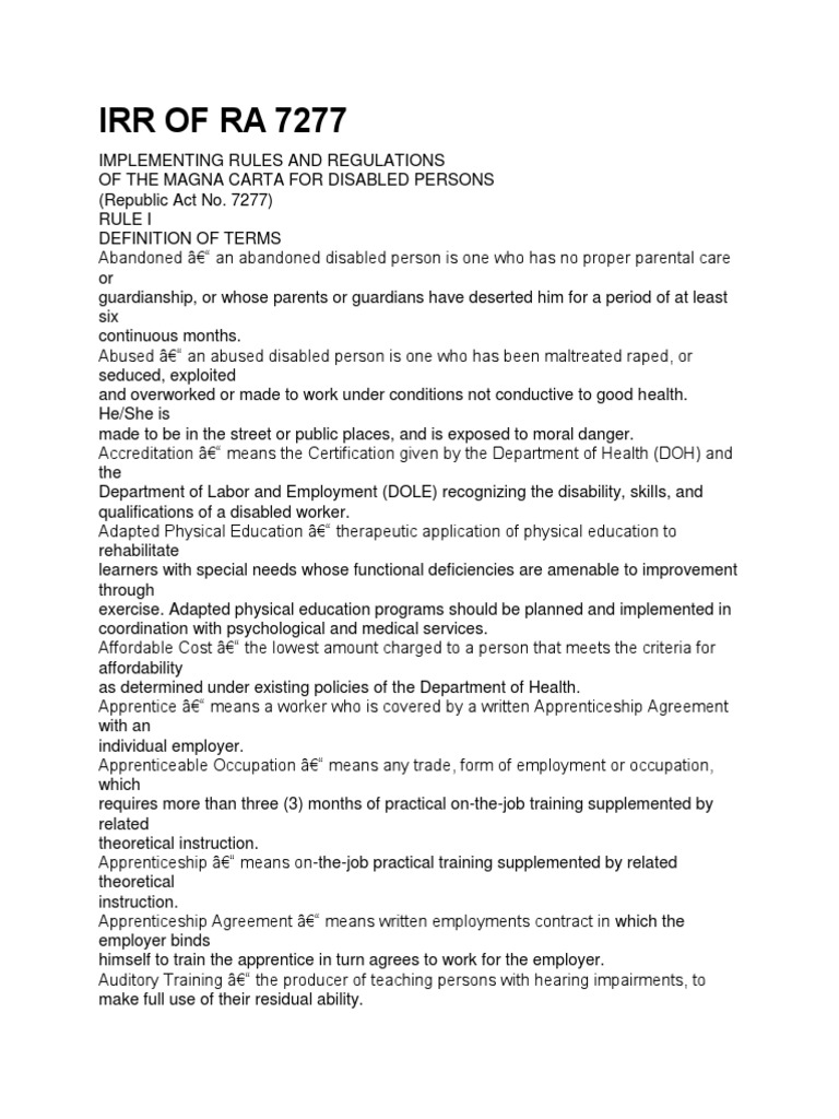 Irr Of Ra 7277 | Special Education | Disability