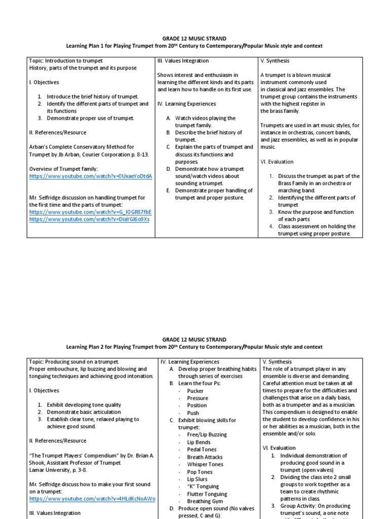 Trumpet Lesson Plan | PDF | Trumpet | Scale (Music)