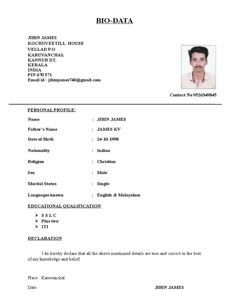 Bio-Data: SSLC Plus Two Iti | PDF