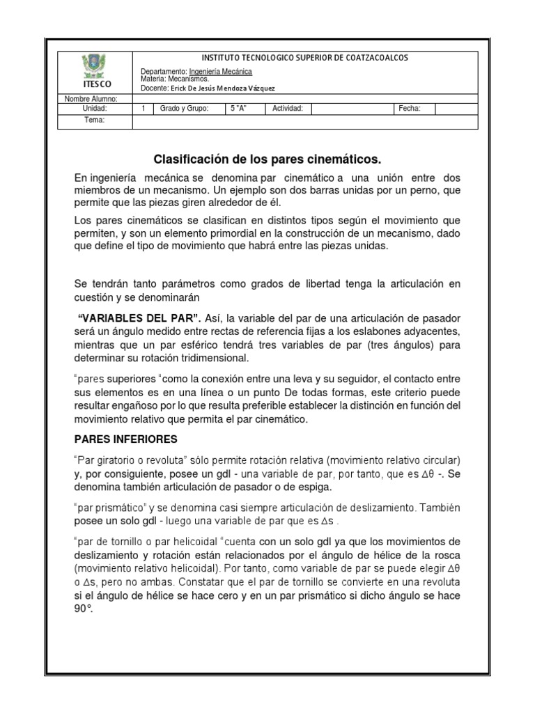 Clasificación de Los Pares Cinematicos | PDF | Cinemática | Rotación