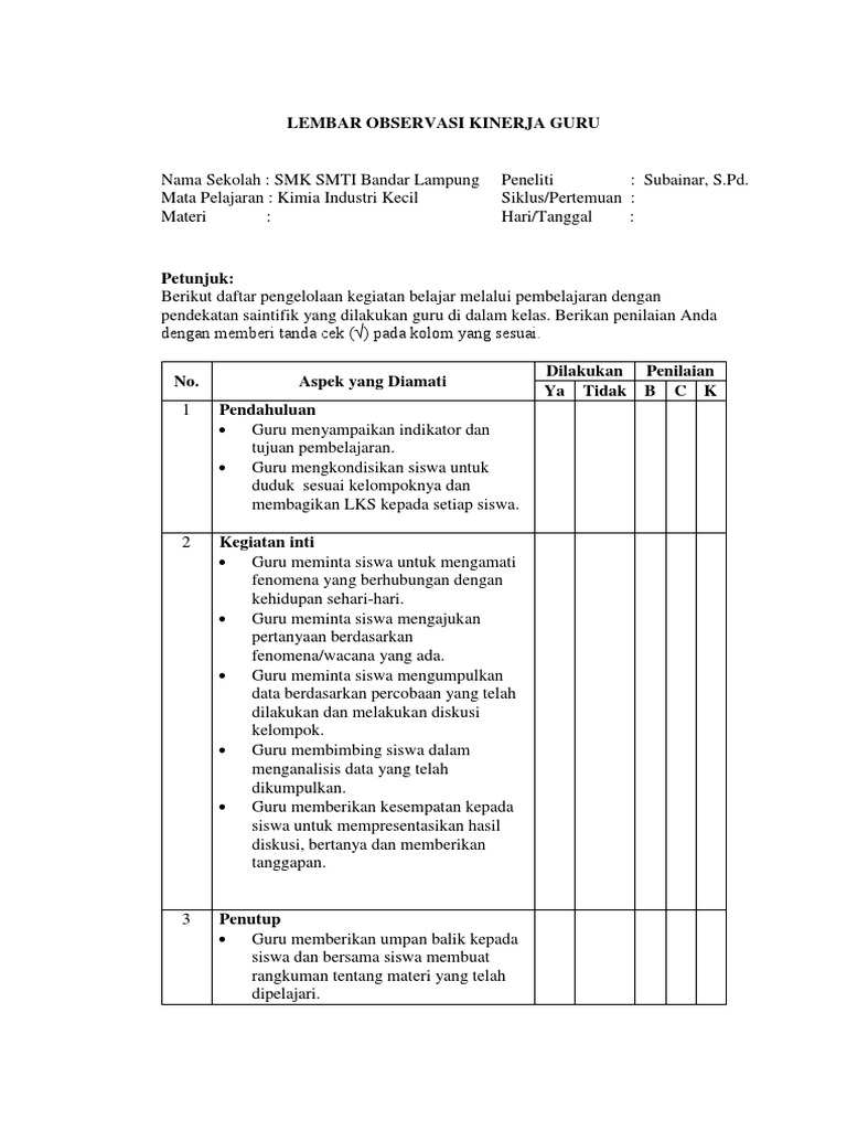 Lembar Observasi Kinerja Guru | PDF