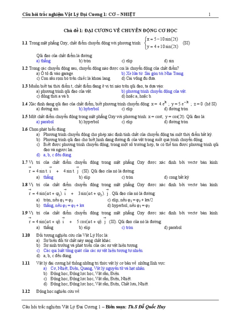 Cau Hoi Trac Nghiem Vat Ly Dai Cuong A1 Ve Chuyen Dong Co Hoc PDF | PDF